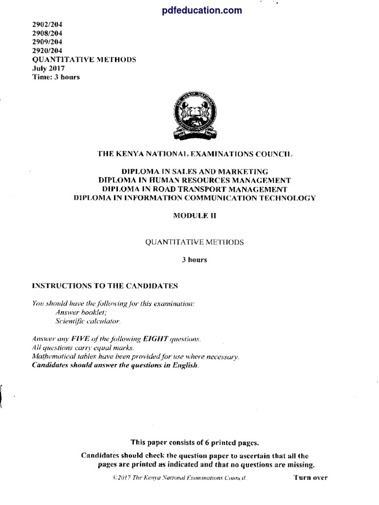Quantitative Methods Module II KNEC Past Papers July 2017 | PDF