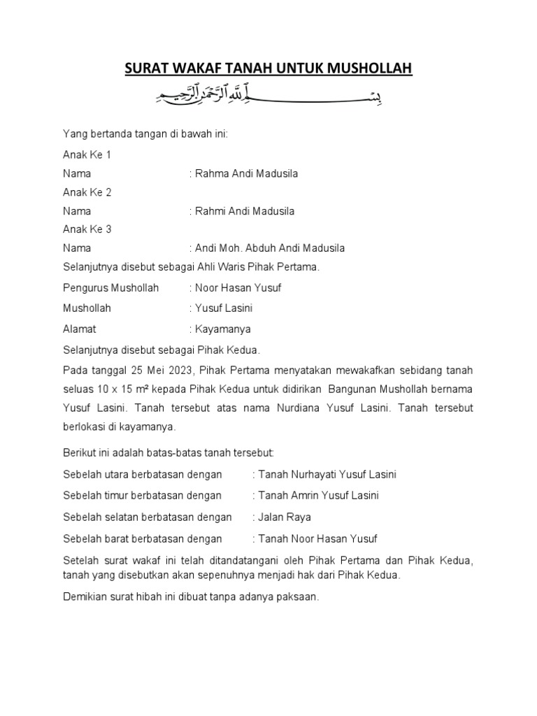 Surat Wakaf Tanah Untuk Mushollah | PDF