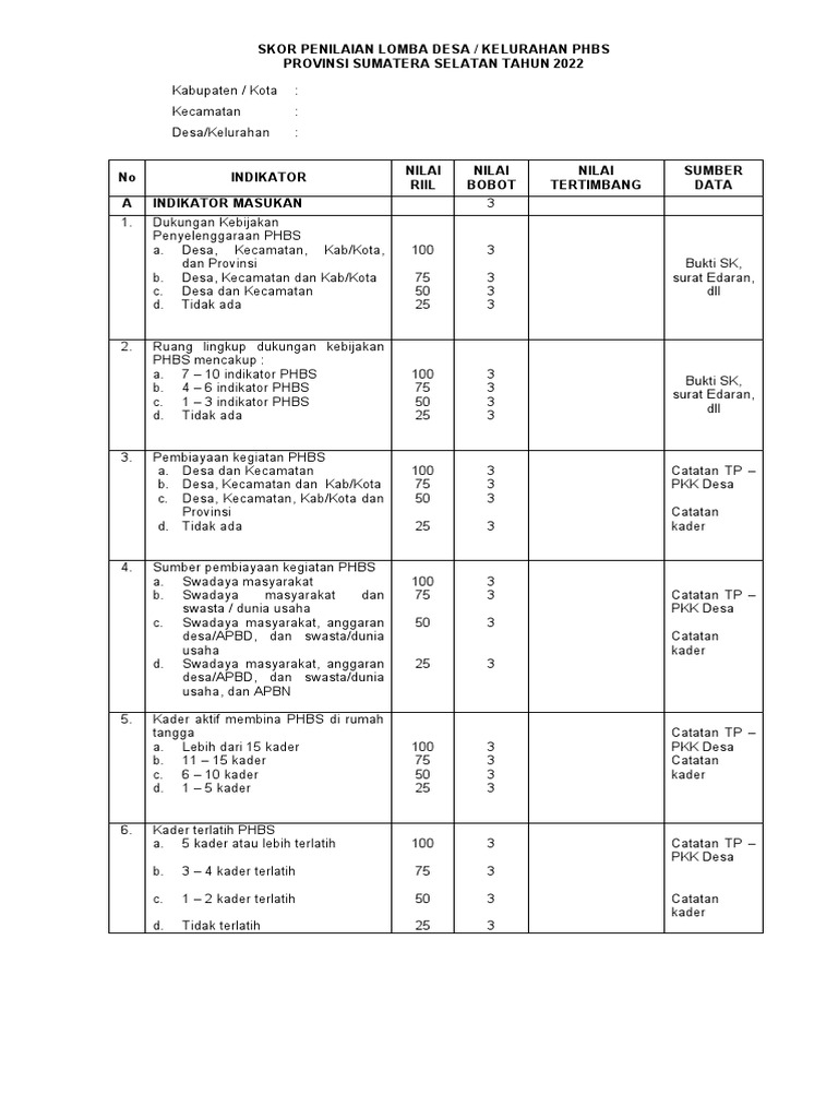 Check List Lomba Desa Phbs | PDF