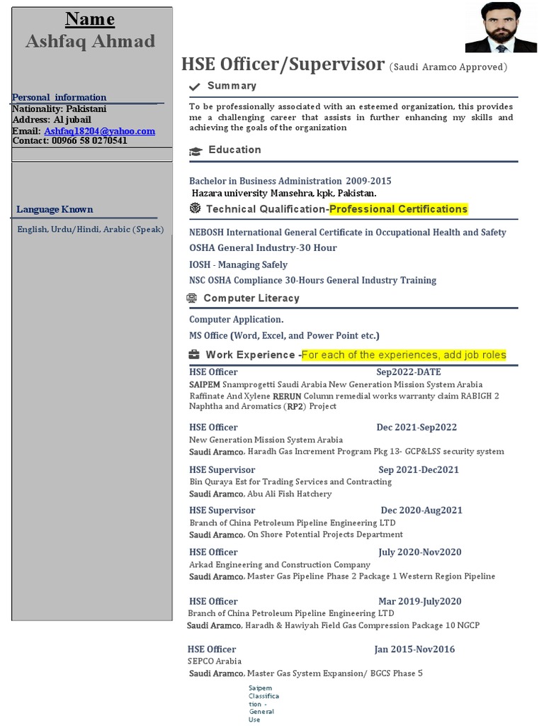 Ashfaq Ahmad (Safety Supervisor) 2023 | PDF | Occupational Safety And Health | Safety