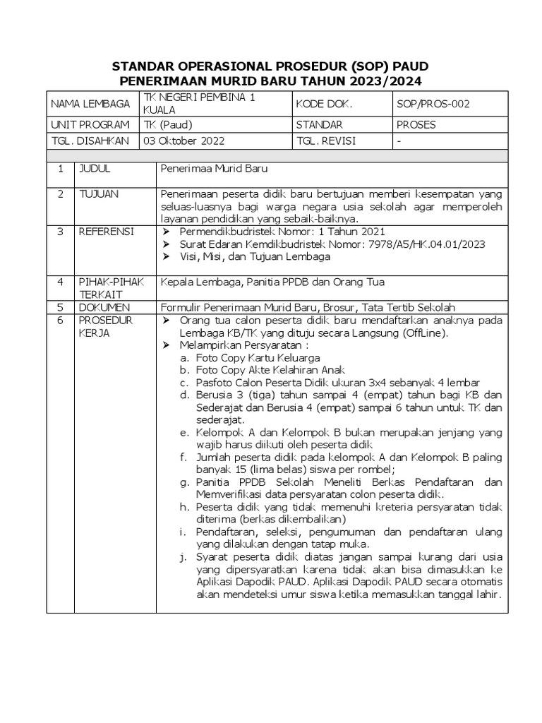 Sop Penerimaan Murid Baru Tahun 2023 | PDF | Karier & Perkembangan