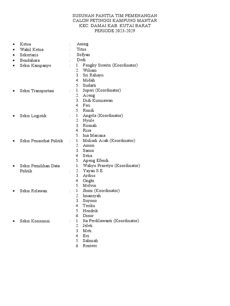 Susunan Panitia Tim Pemenangan | PDF