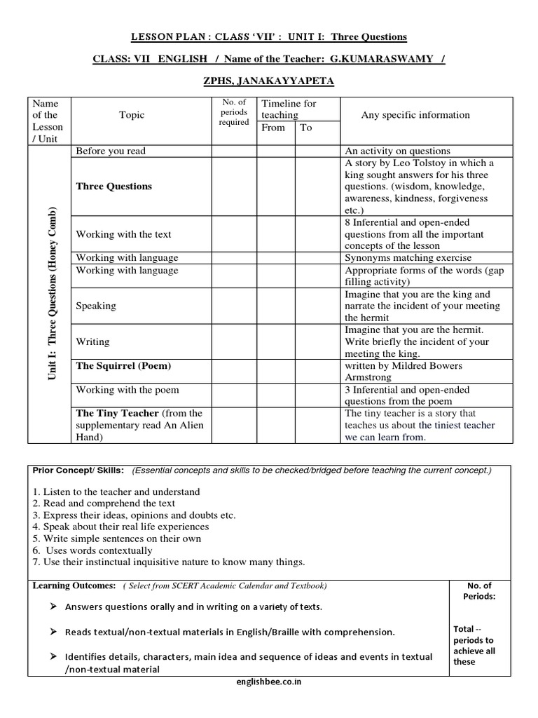 VII Class Lesson Plan Unit I (2023-24) - 1 | PDF | Question | Reading ...