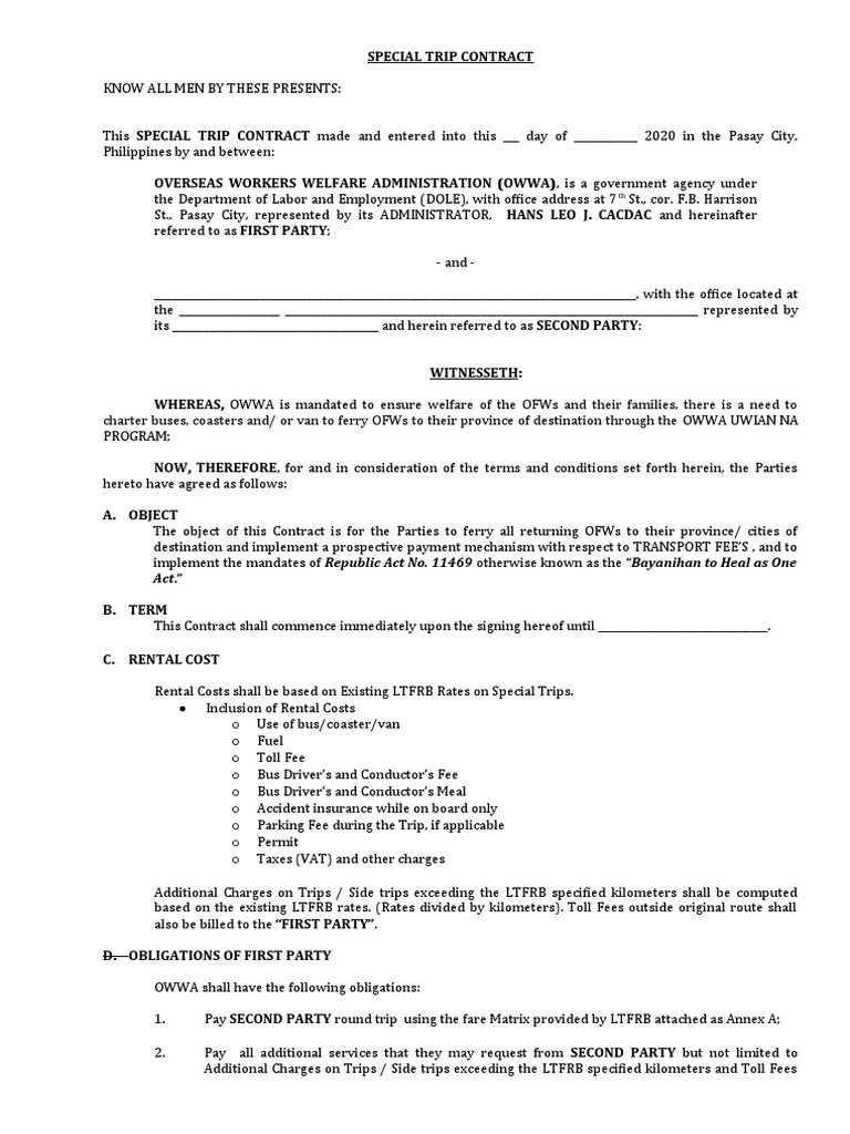 SPECIAL-TRIP-CONTRACT template | PDF | Bus | Justice