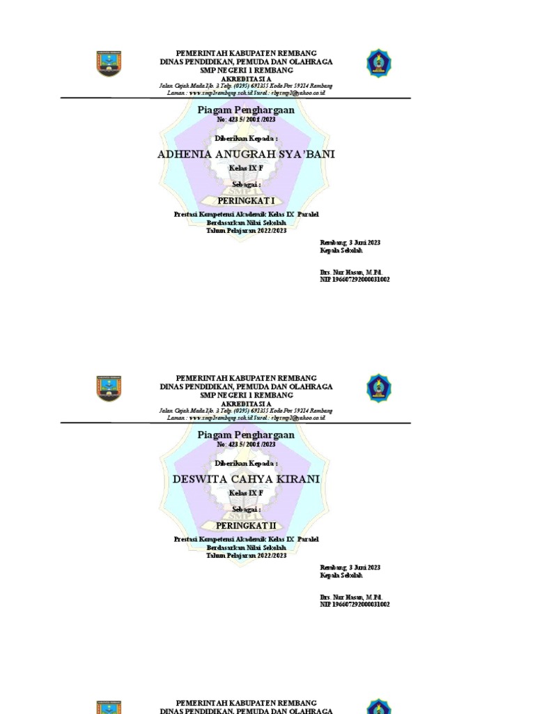 Piagam Penghargaan Siswa | PDF