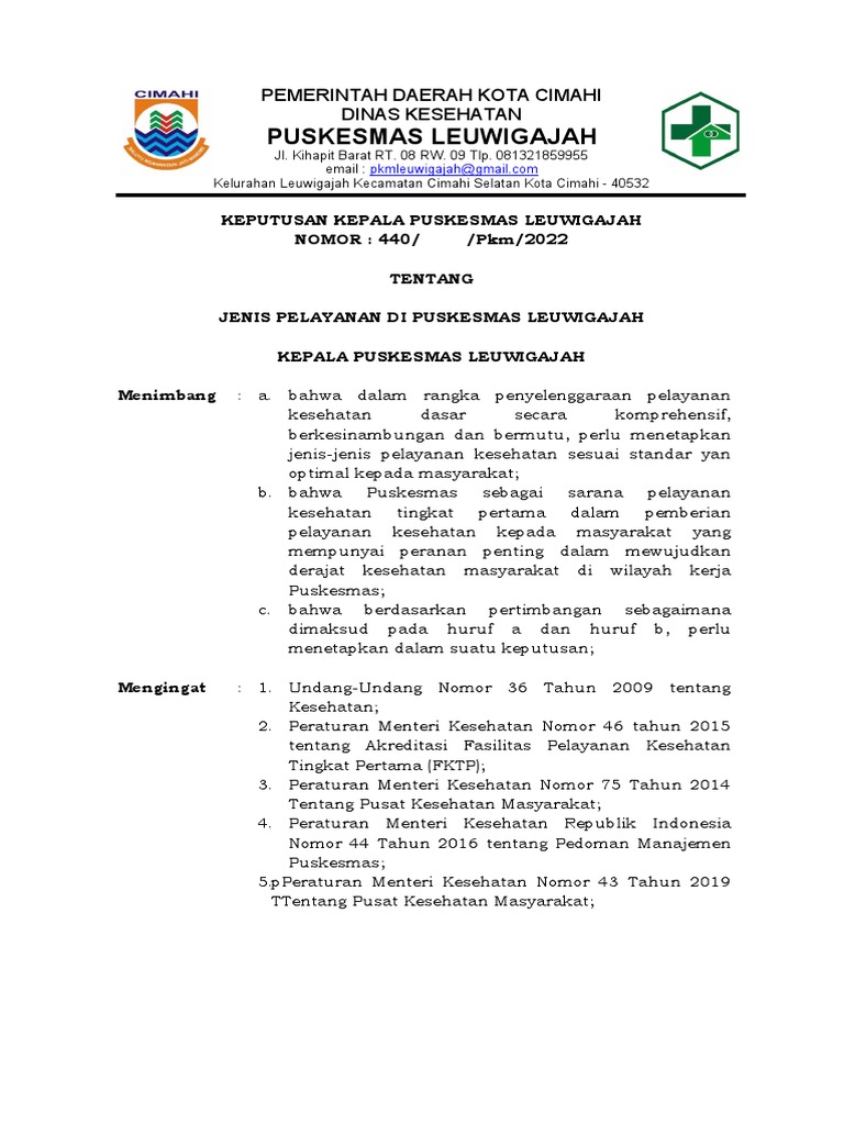 SK Jenis Pelayanan di Puskesmas | PDF