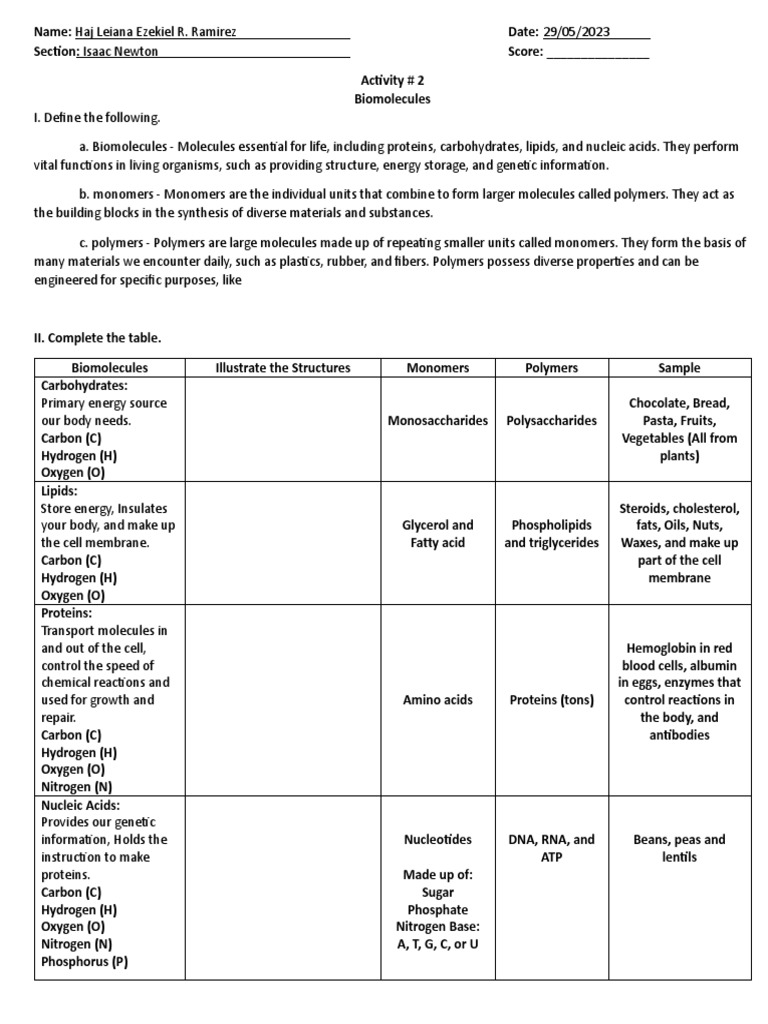 Science-10-Activity-2-Biomolecules (1) | PDF | Biomolecules ...