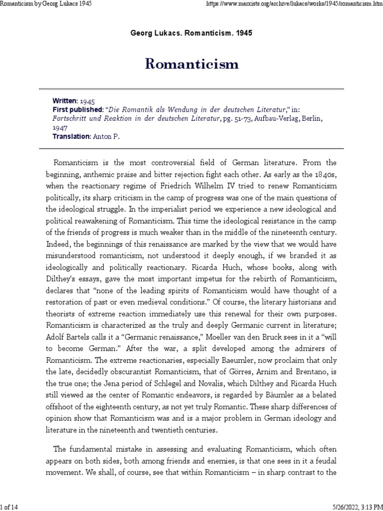 Lukacs On Romanticism | PDF | Romanticism | Johann Wolfgang Von Goethe