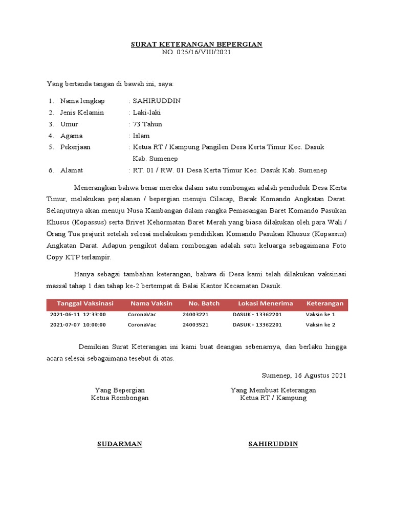 Surat Keterangan Bepergian Desa Kerta Timur | PDF