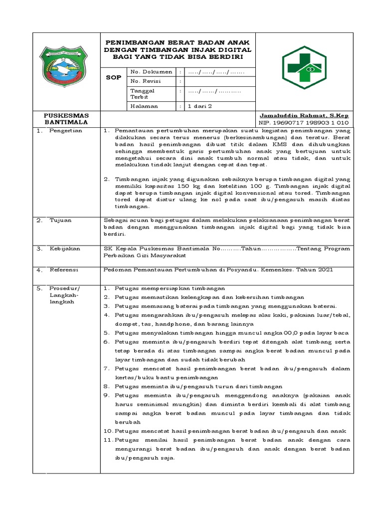 Sop Penimbangan Berat Badan Anak DGN Timbangan Injak Digital Bagi Yang Tidak Bisa Berdiri | PDF