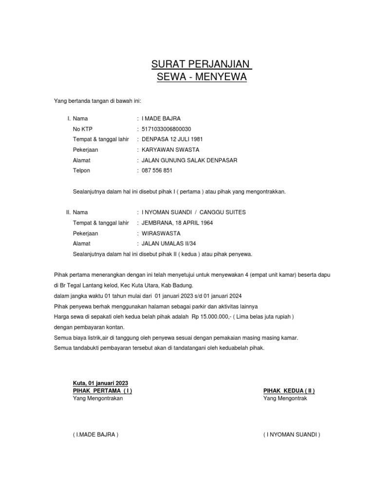Surat Perjanjian Sewa Kamar Denpasar | PDF