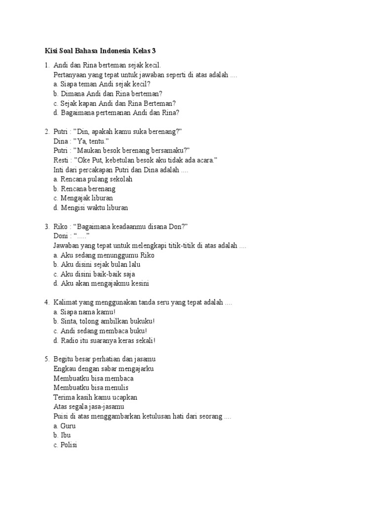 Kisi Soal Bahasa Indonesia Kelas 3 | PDF