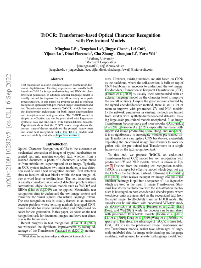 Trocr Transformer Based Optical Character Recognition With Pre Trained Models Pdf Optical