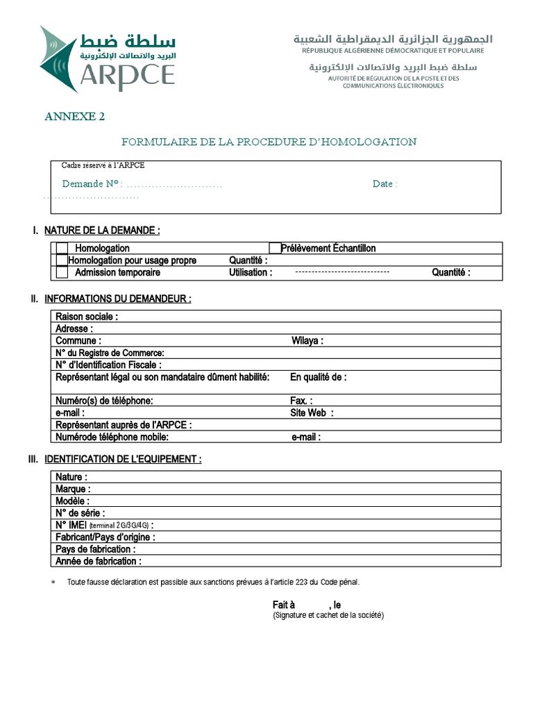 Formulaire Homologation | PDF