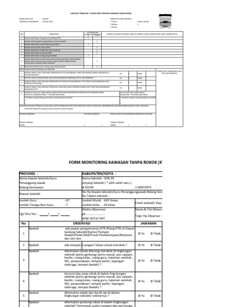 Ceklist KTR Untuk Puskesmas 2023 | PDF