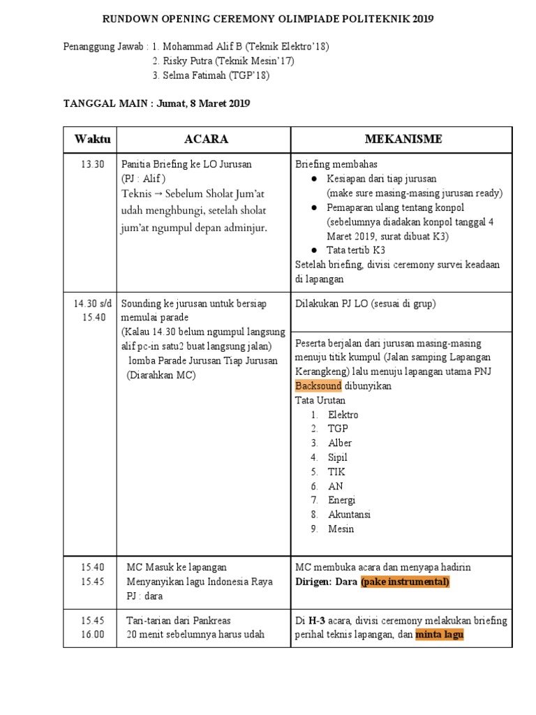 Rundown Opening Ceremony Olimpiade Politeknik 2019 | PDF