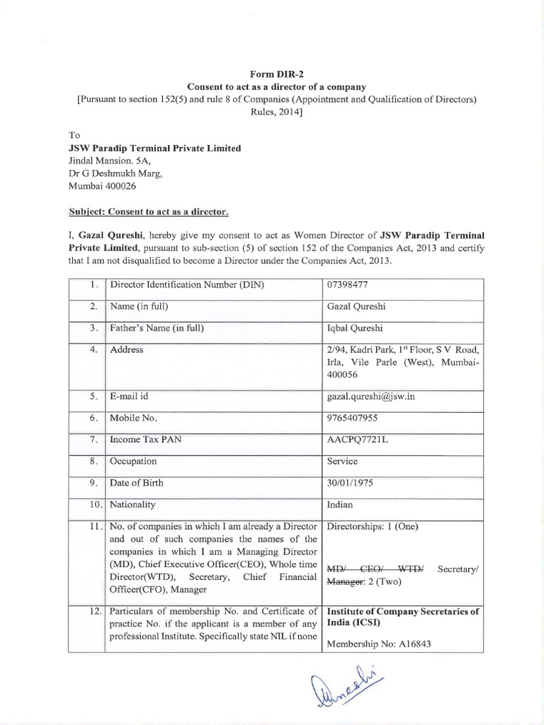 Declaration of the appointee director, Managing director, in Form No ...