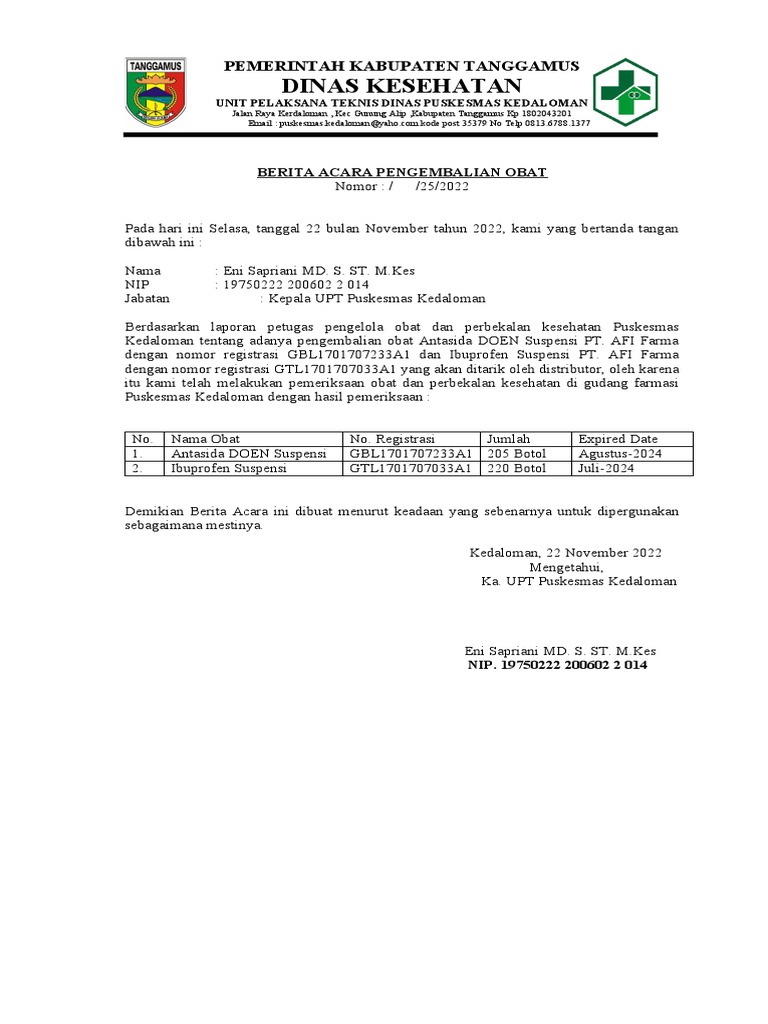 BA PENGEMBALIAN OBAT | PDF