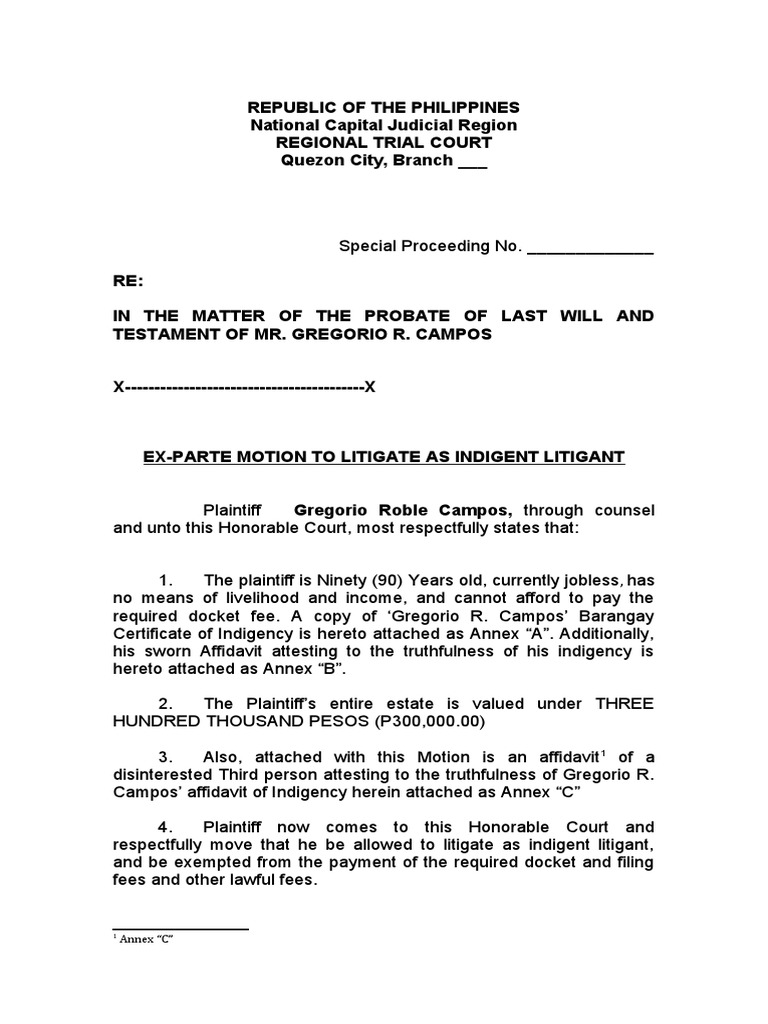 Ex Parte Motion To Litigate As Pauper Litigant | PDF | Lawsuit | Ex Parte Ex Parte Motion To Litigate As Pauper Litigant | PDF | Lawsuit | Ex Parte
