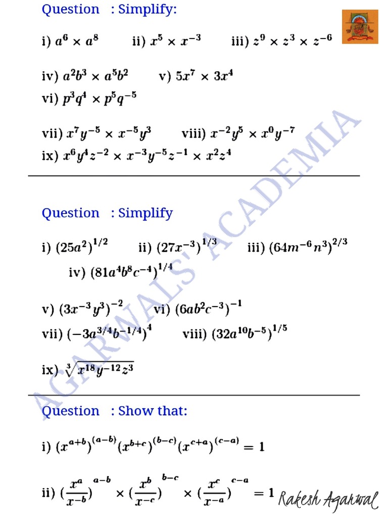 Class 8 Mathematics Exponents Worksheet | PDF
