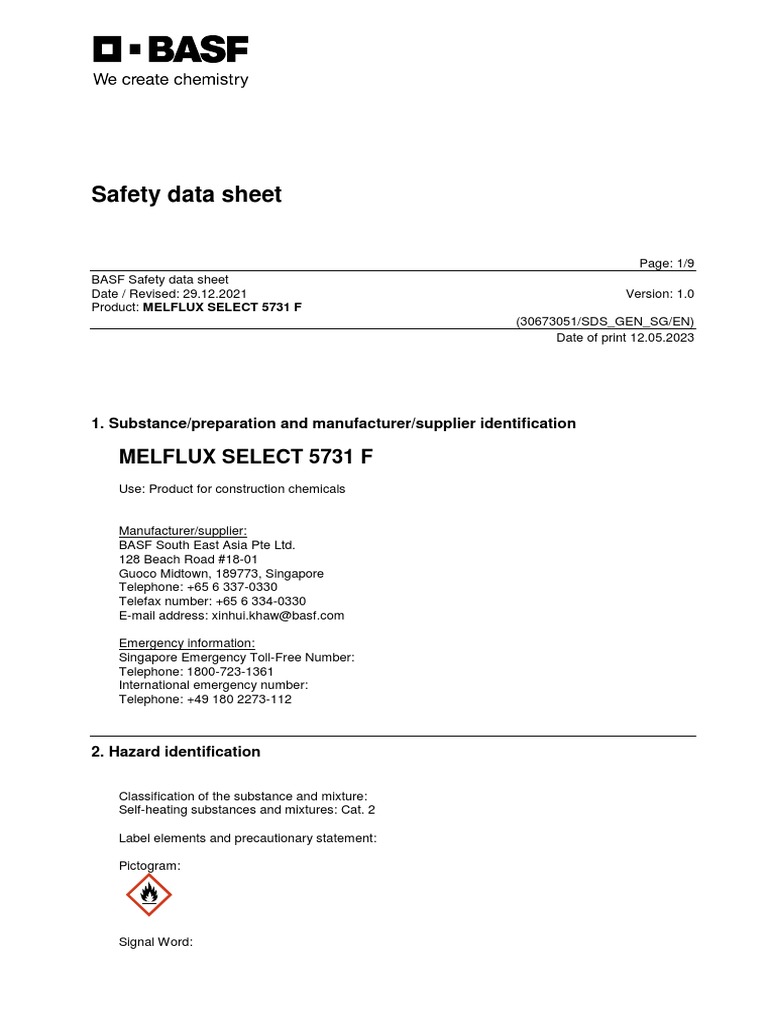 MELFLUX+SELECT+5731+F+US_000000000030673051_SDS_GEN_SG_en_1-0 | PDF | Toxicity | Water