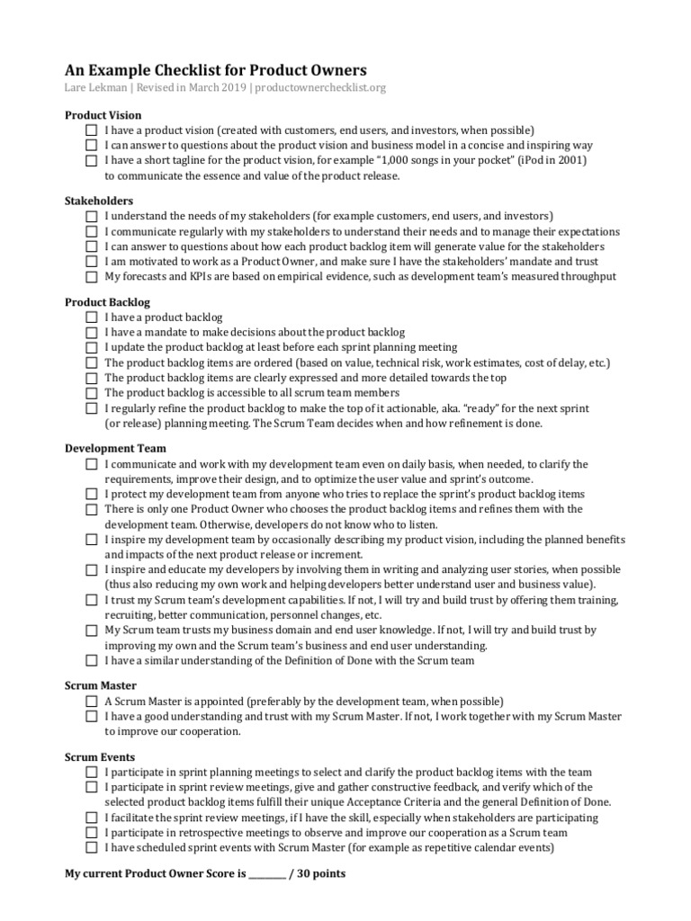 Product Owner Checklist March 2019 | PDF | Scrum (Software Development ...