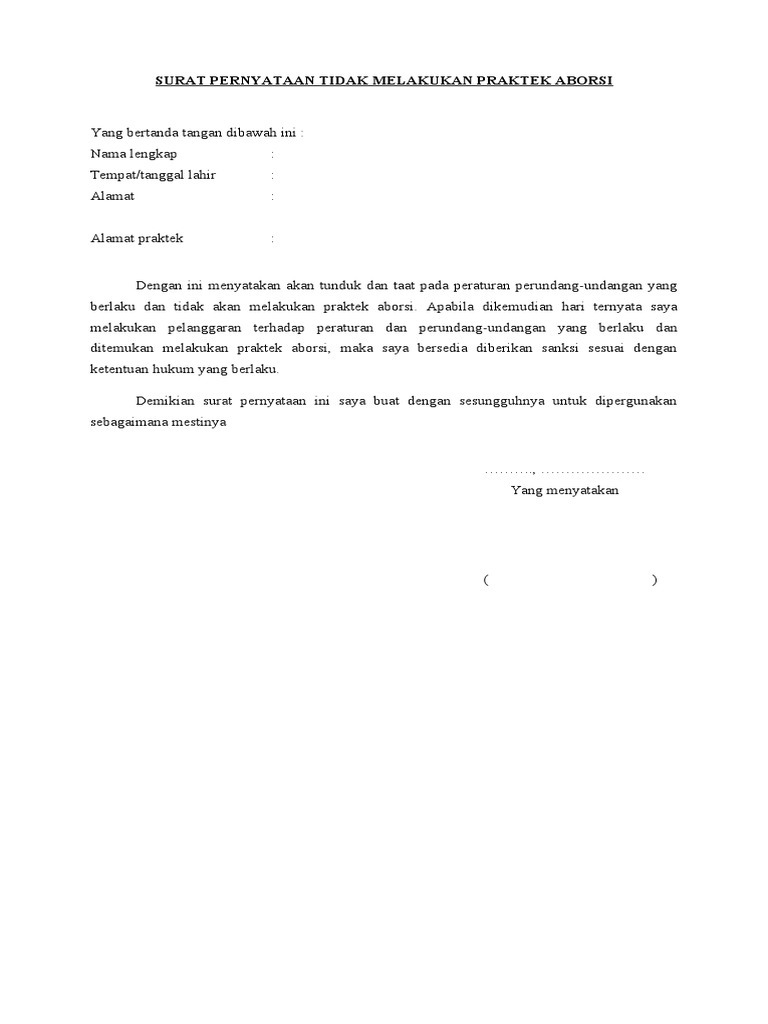 Surat Pernyataan Tidak Melakukan Praktek Aborsi | PDF