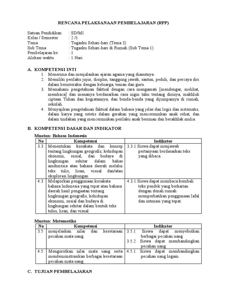 RPP Kelas 2 - Tema 3 - Subtema 1 - Pemb 1 | PDF