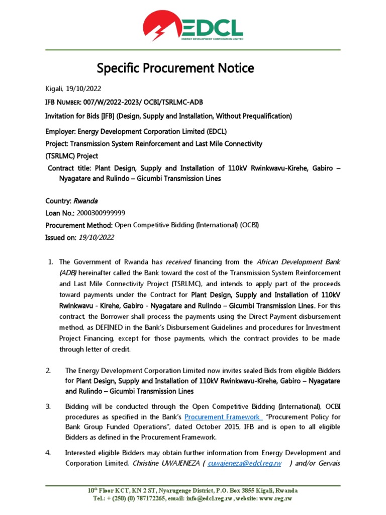SPN Kirehe-Rwinkwavu Nyagatare-Gabiro Rulindo - Gicumbi TLs Final Version | PDF | Procurement ...