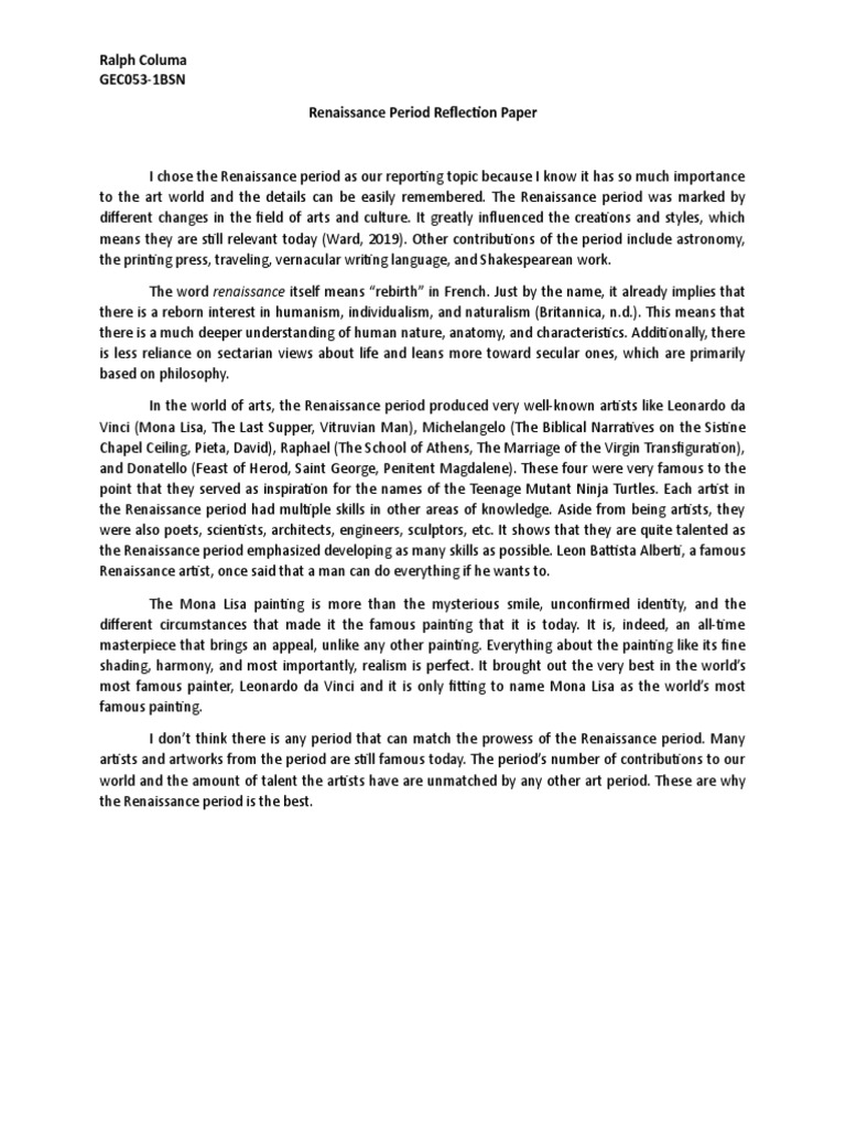 Renaissance Period Reflection Paper | PDF | Renaissance | Leonardo Da Vinci