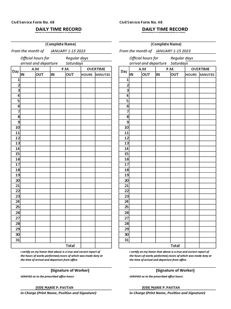 Civil Service Daily Time Record Form | PDF