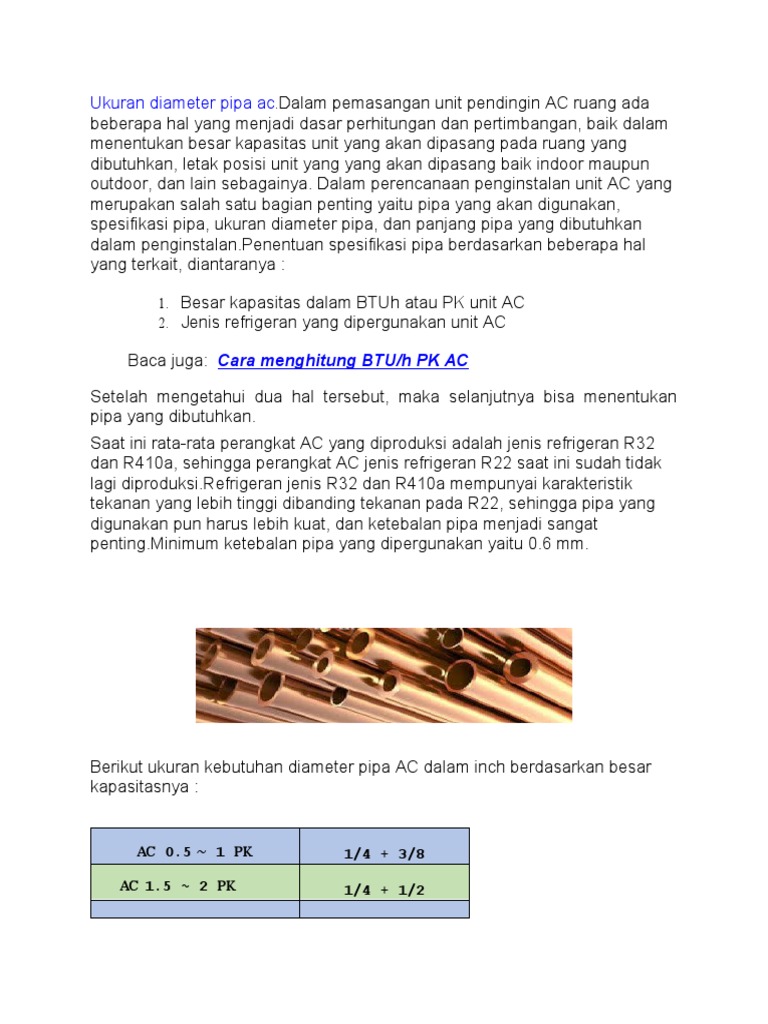 Ukuran Pipa AC Berdasarkan PK | PDF