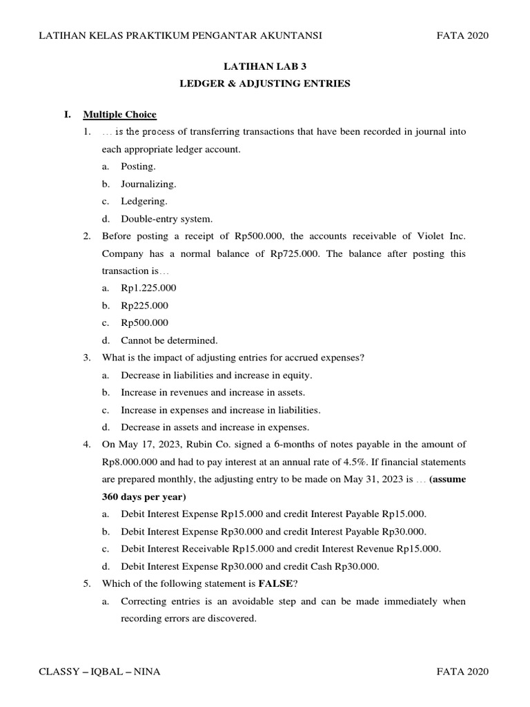 Latihan Lab 3 - General Ledger and Adjusting Entries | PDF | Debits And Credits | Economies