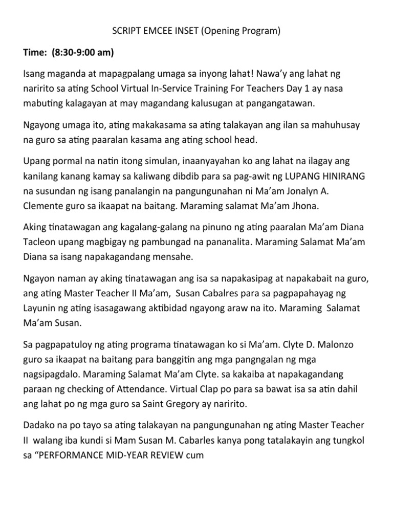 SCRIPT EMCEE INSET Day 1 (Feb 2) | PDF