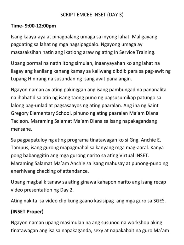 SCRIPT EMCEE INSET Day 3 | PDF