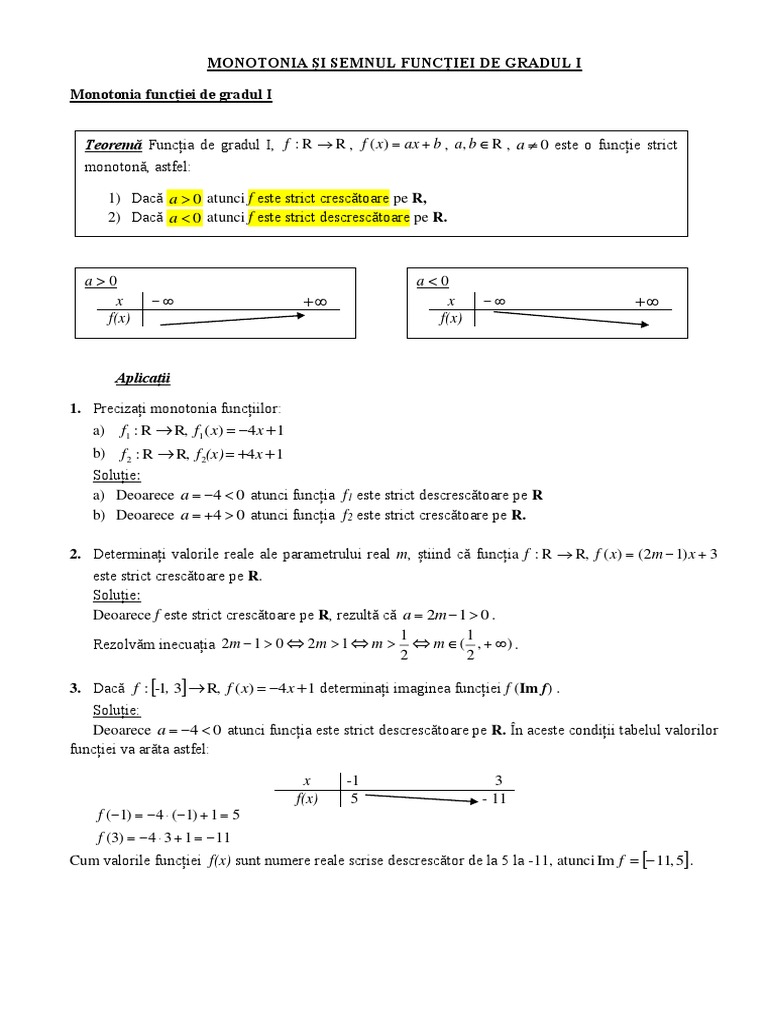 Monotonia Si Semnul Functiei de Gradul I | PDF