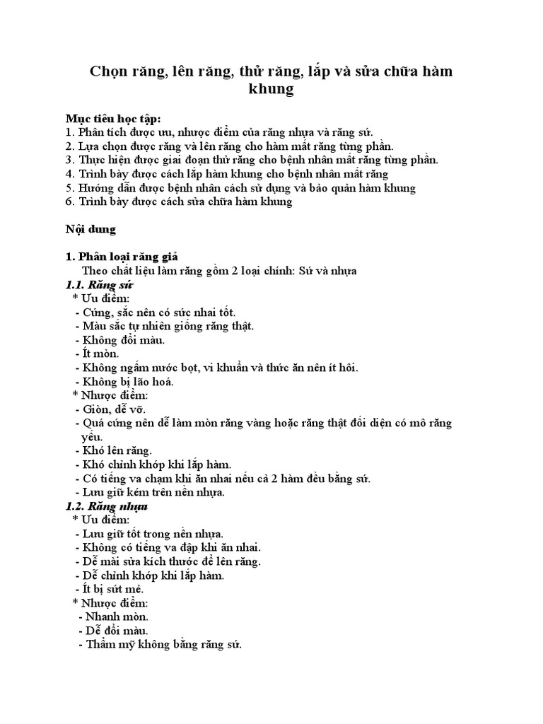 Sem 03 Chọn răng lên răng thử răng lắp và sửa chữa hàm khung | PDF