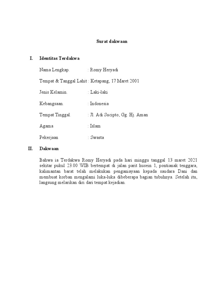 Surat Dakwaan I. Identitas Terdakwa | PDF