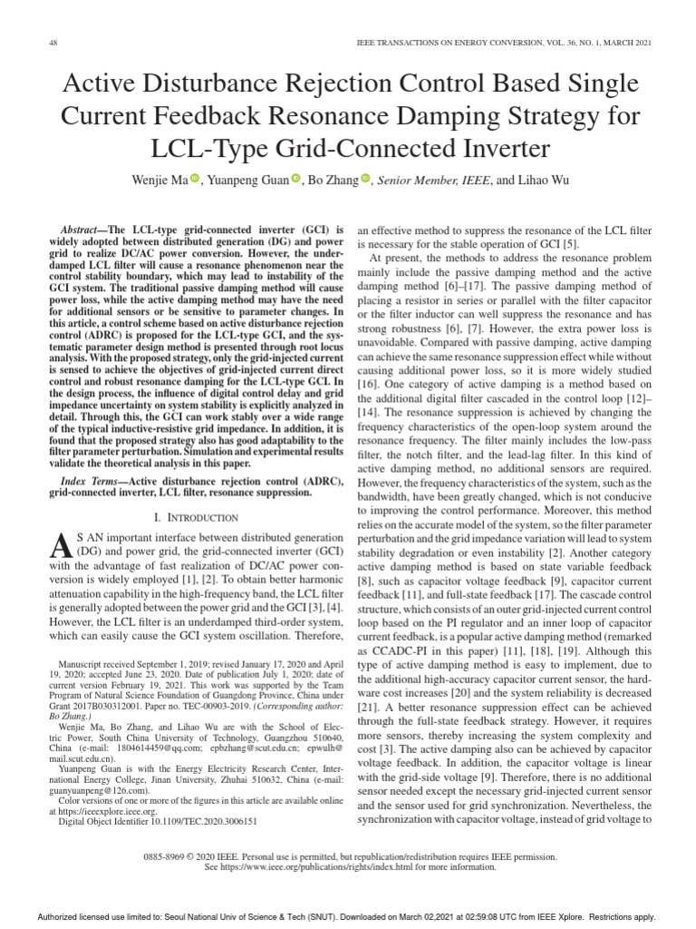 Active Disturbance Rejection Control Based Single Acuurent Feedback Resonance Damping Strategy