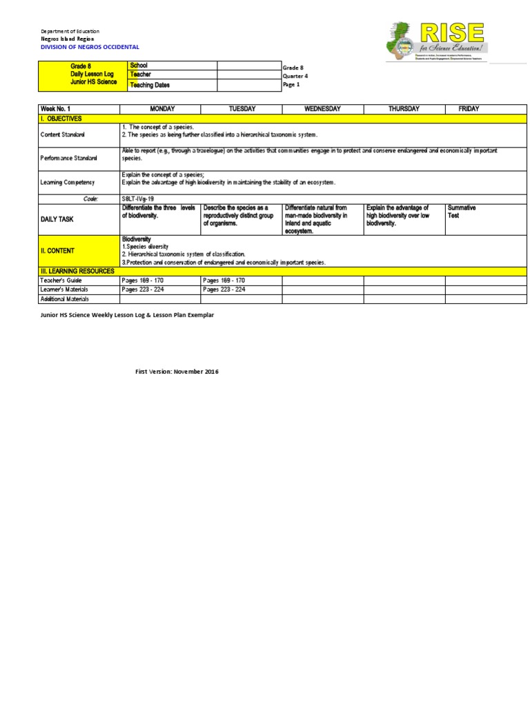 Table of Specifications | PDF | Lesson Plan | Species
