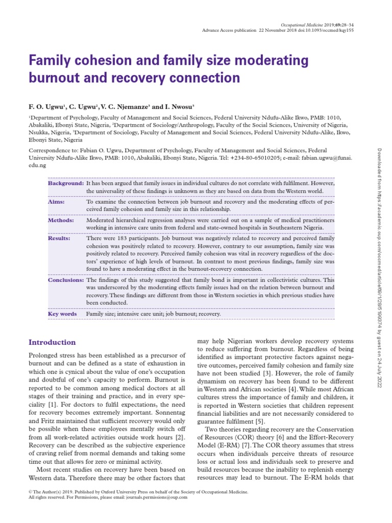 Family Cohesion and Family Size Moderati | PDF | Occupational Burnout ...