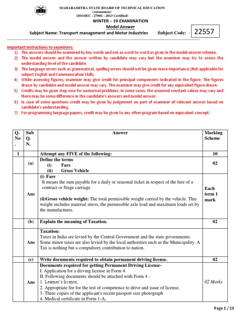 Model Answer Paper Winter 2019 | PDF | Vehicle Insurance | Traffic ...