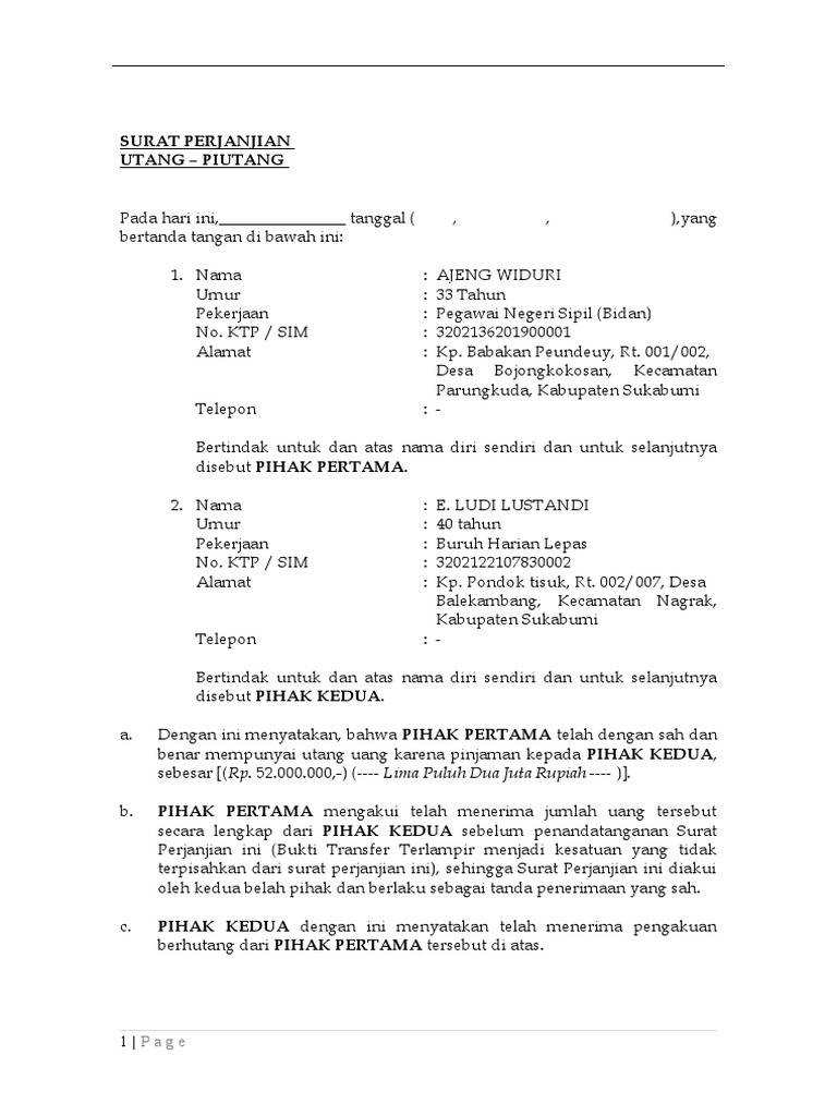 Perjanjian Utang Piutang Sederhana | PDF