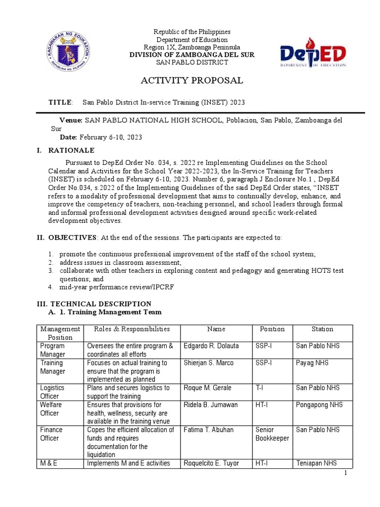 San Pablo District INSET 2023 Proposal | PDF