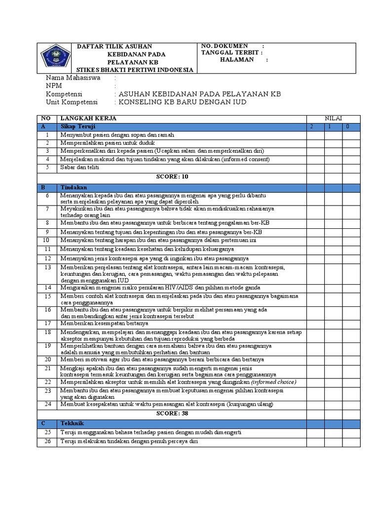 Daftar Tilik Asuhan Kebidanan Pada Pelayanan KB Muning | PDF