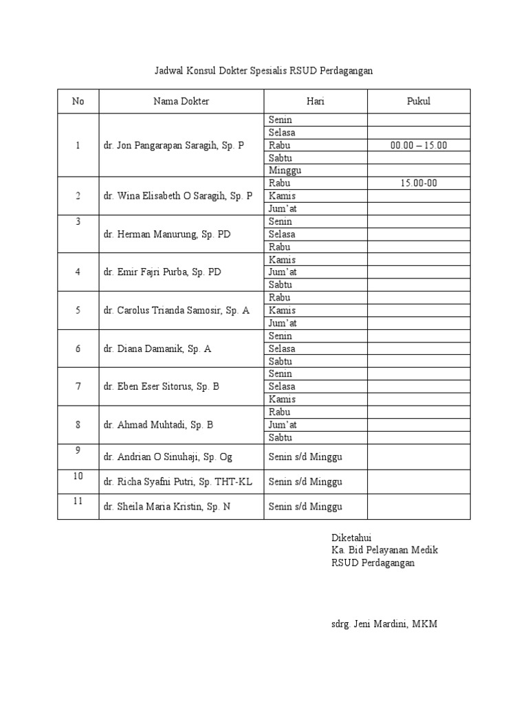 Jadwal Konsul Dokter Spesialis RSUD Perdagangan | PDF