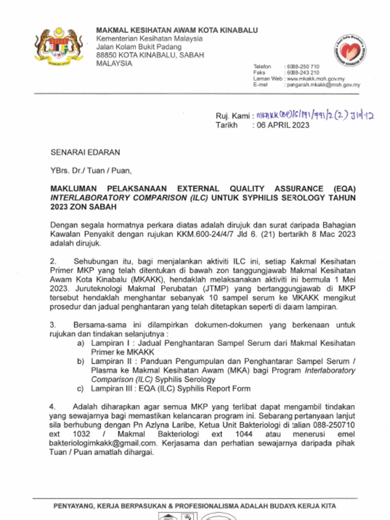 Surat Makluman Pelaksanaan ILC Syphilis Zon Sabah MKAKK | PDF