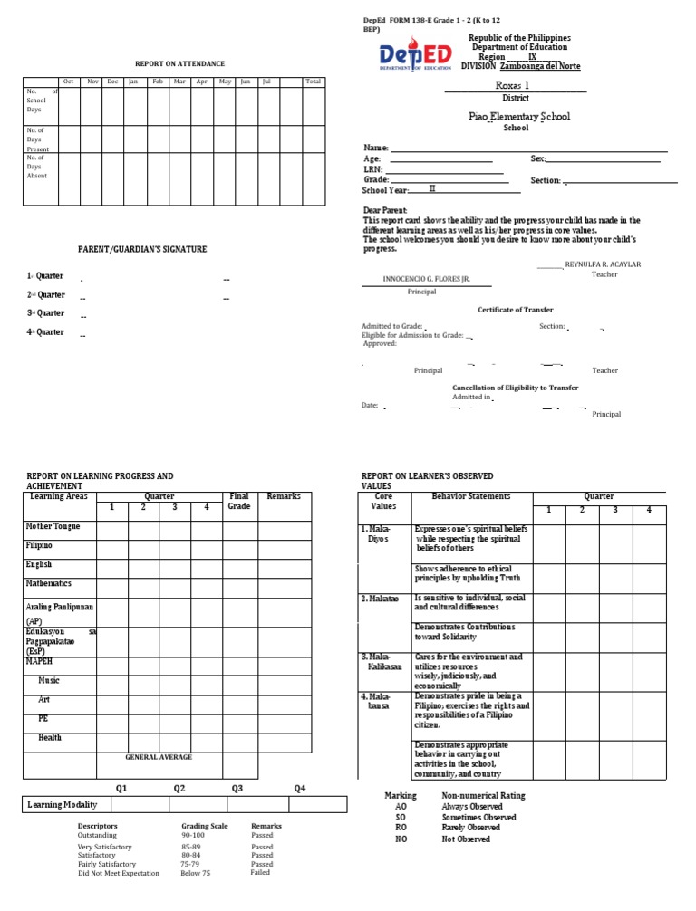 SF 9 - 1-2 (Learner - S Progress Report Card) TC | PDF | Psychology