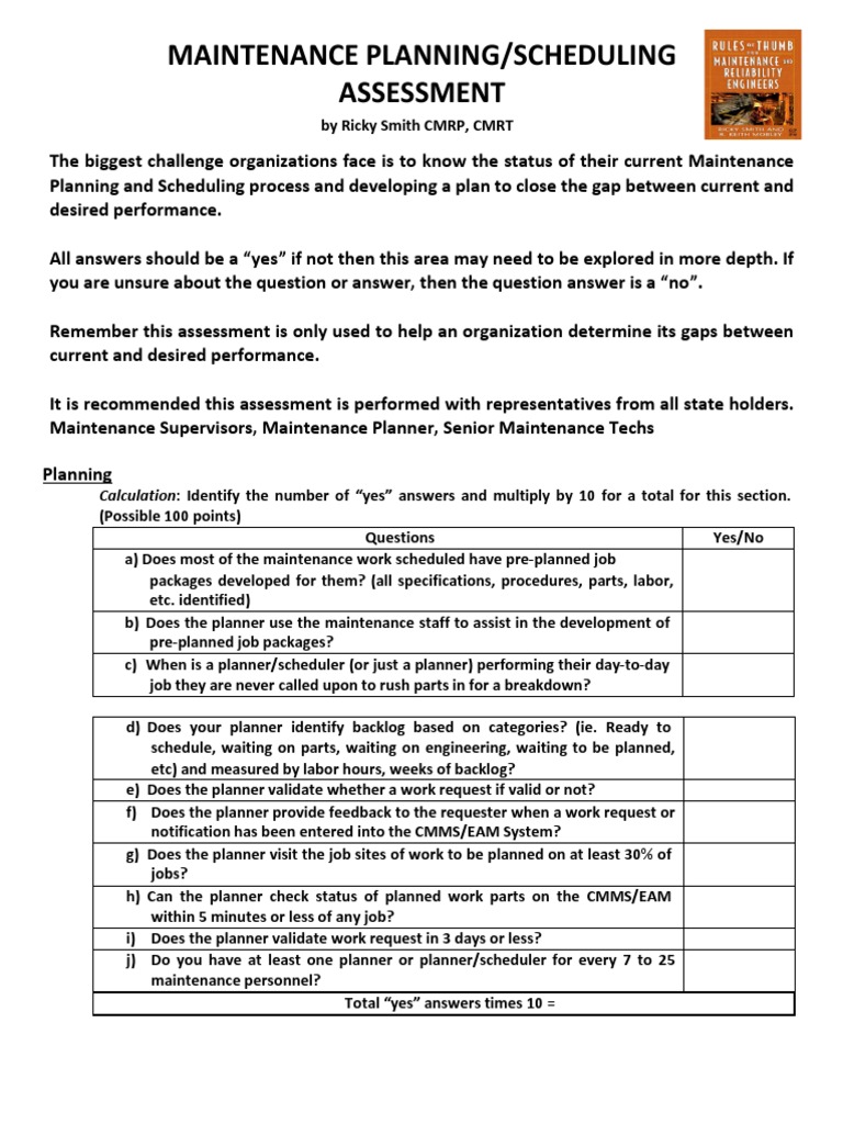 Maintenance Planning and Scheduling Assessment | PDF | Performance ...