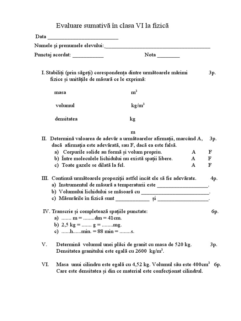 Test Fizica Clasa 6 | PDF